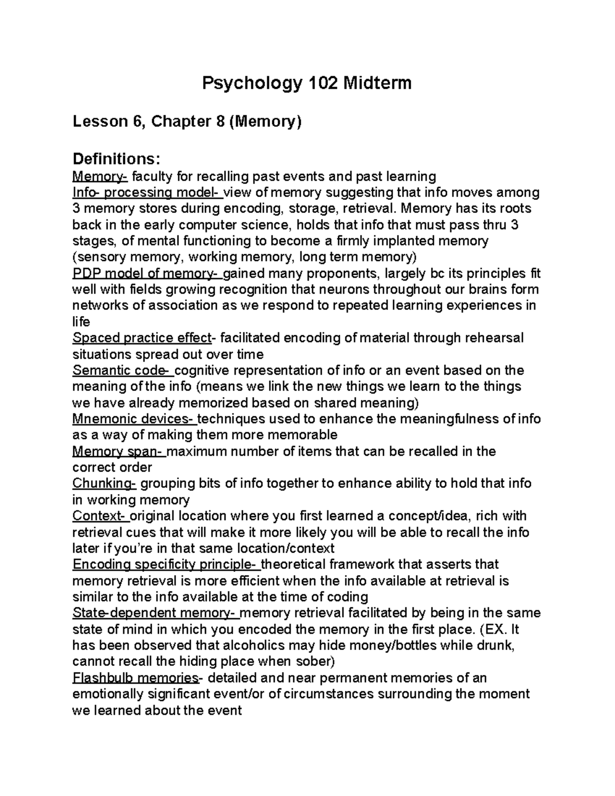 Psychology 102 Midterm - Psychology 102 Midterm Lesson 6, Chapter 8 ...