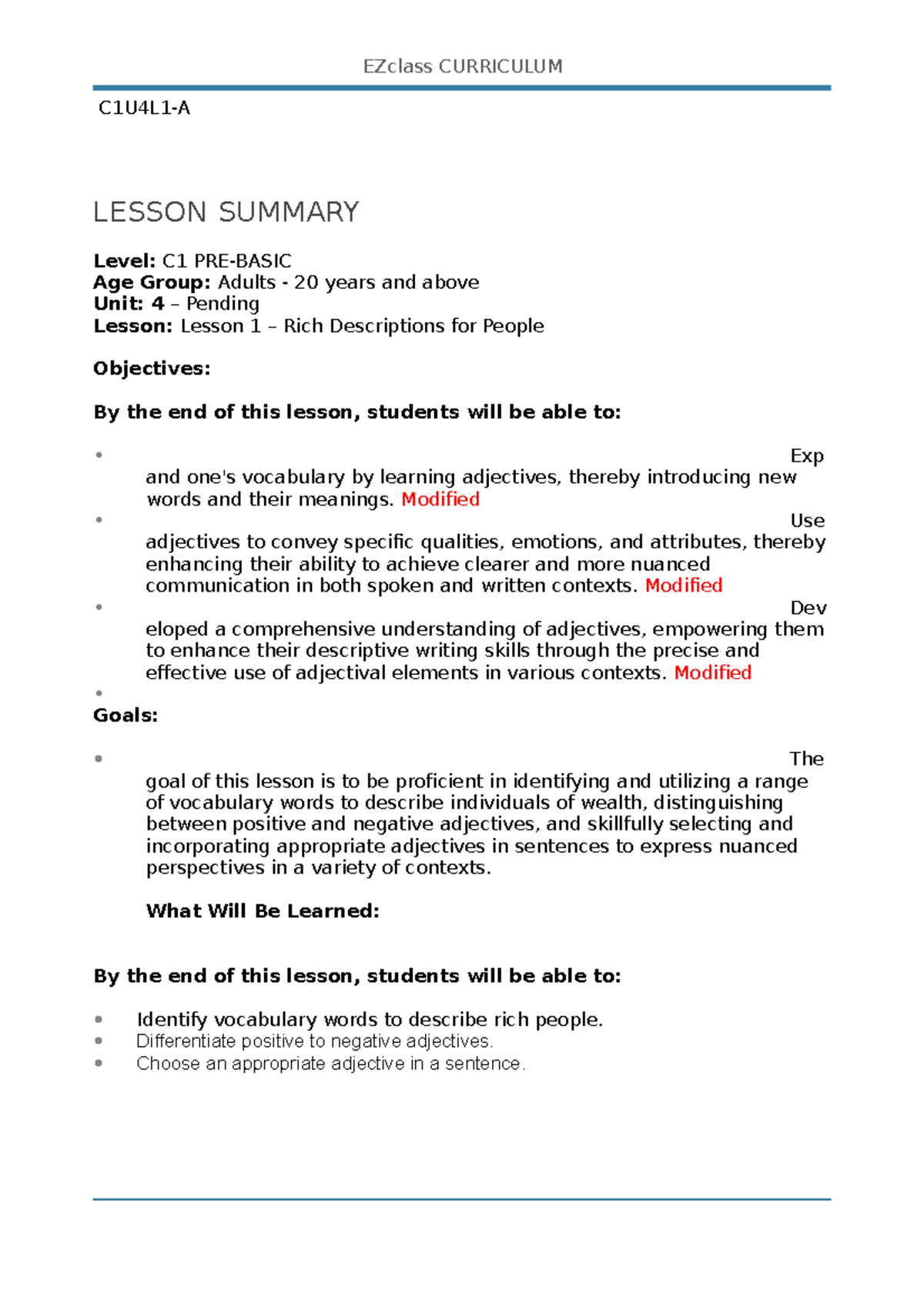 Lesson Summary C 1U4 - Aefrgregrgrrgeqbvb - LESSON SUMMARY Level: C1 ...