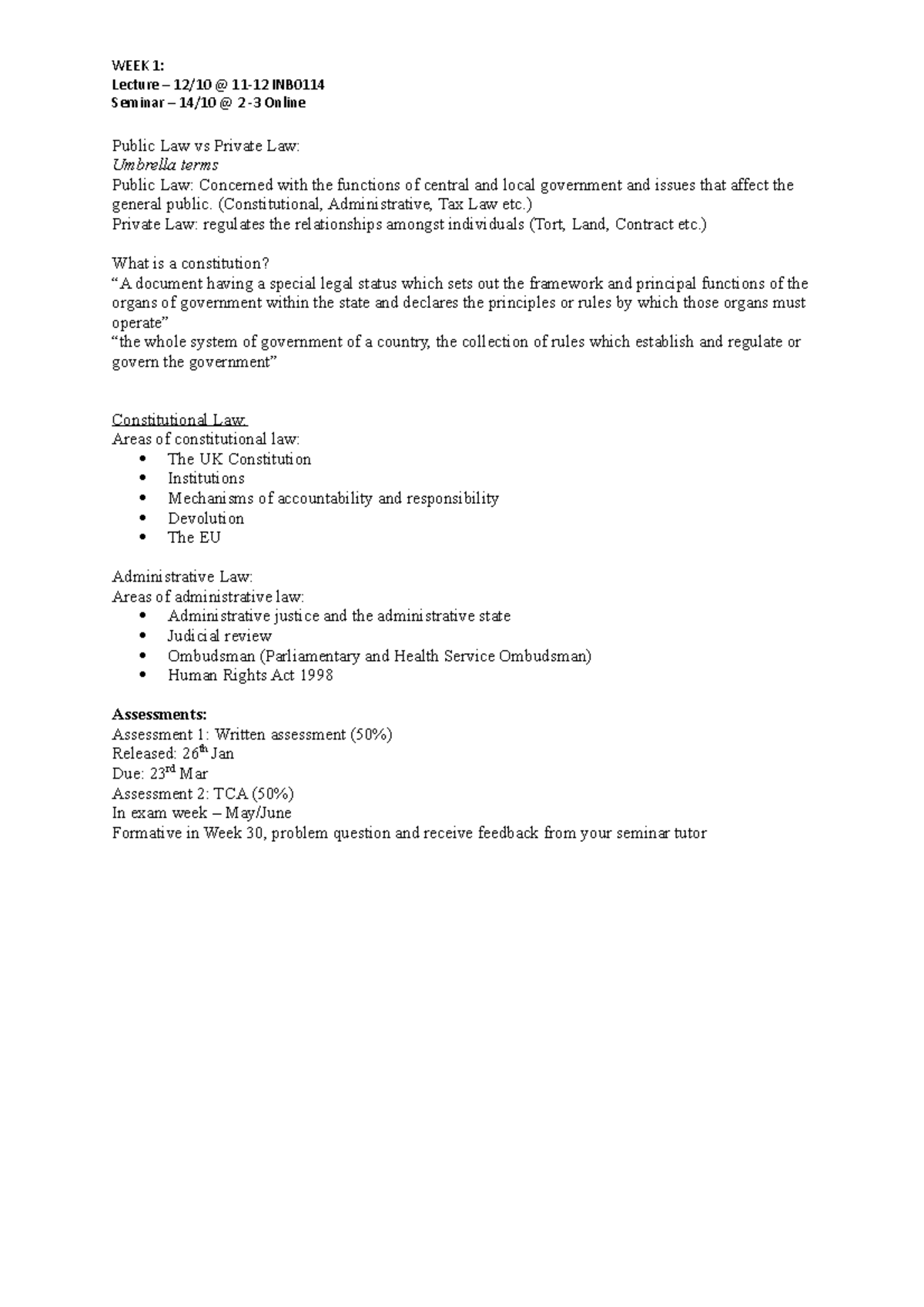 WEEK 1 CAL - Lecture notes 1 - WEEK 1: Lecture – 12/10 @ 11-12 INB ...