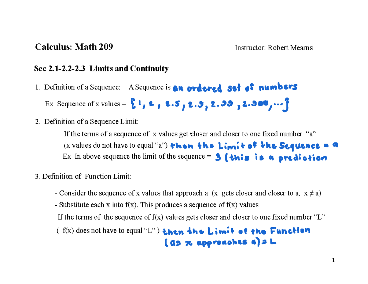 Section 2.1 2.2 2.3 Limits & Continuity - Calculus: Math 209 Instructor ...