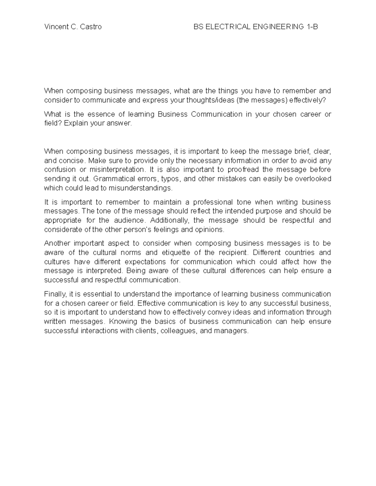 Business Communication - Vincent C. Castro BS ELECTRICAL ENGINEERING 1 ...