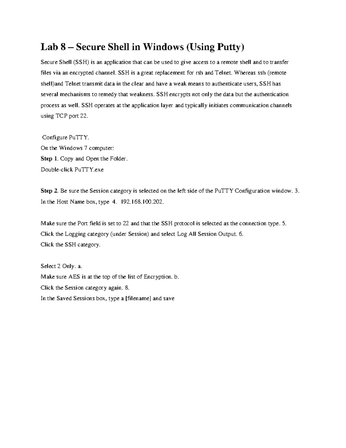 Secure Shell Lecture Notes Lab 8 Secure Shell In Windows Using