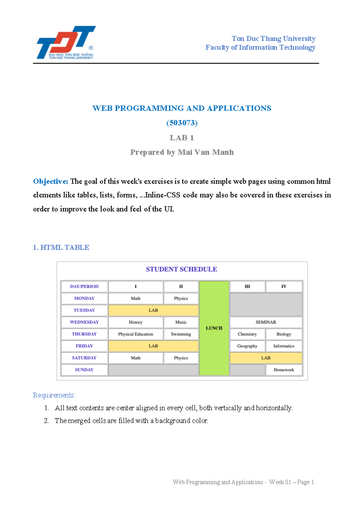 Lab01 - Faculty of Information Technology WEB PROGRAMMING AND APPLICATIONS ( 503073 ) LAB 1 ...