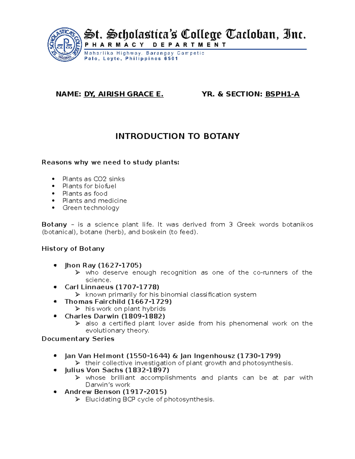 Introduction OF Botany - NAME: DY, AIRISH GRACE E. YR. & SECTION: BSPH1 ...