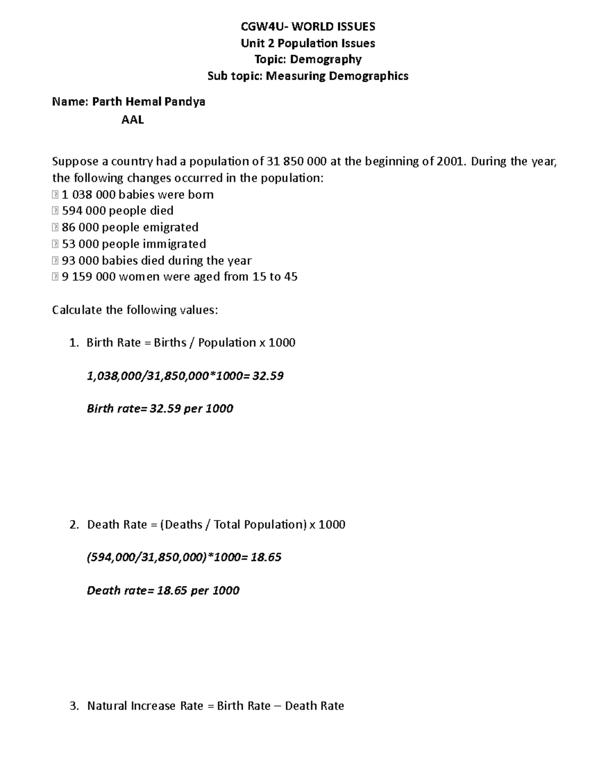 Demography Sum Parth Pandya - CGW4U- WORLD ISSUES Unit 2 Population ...