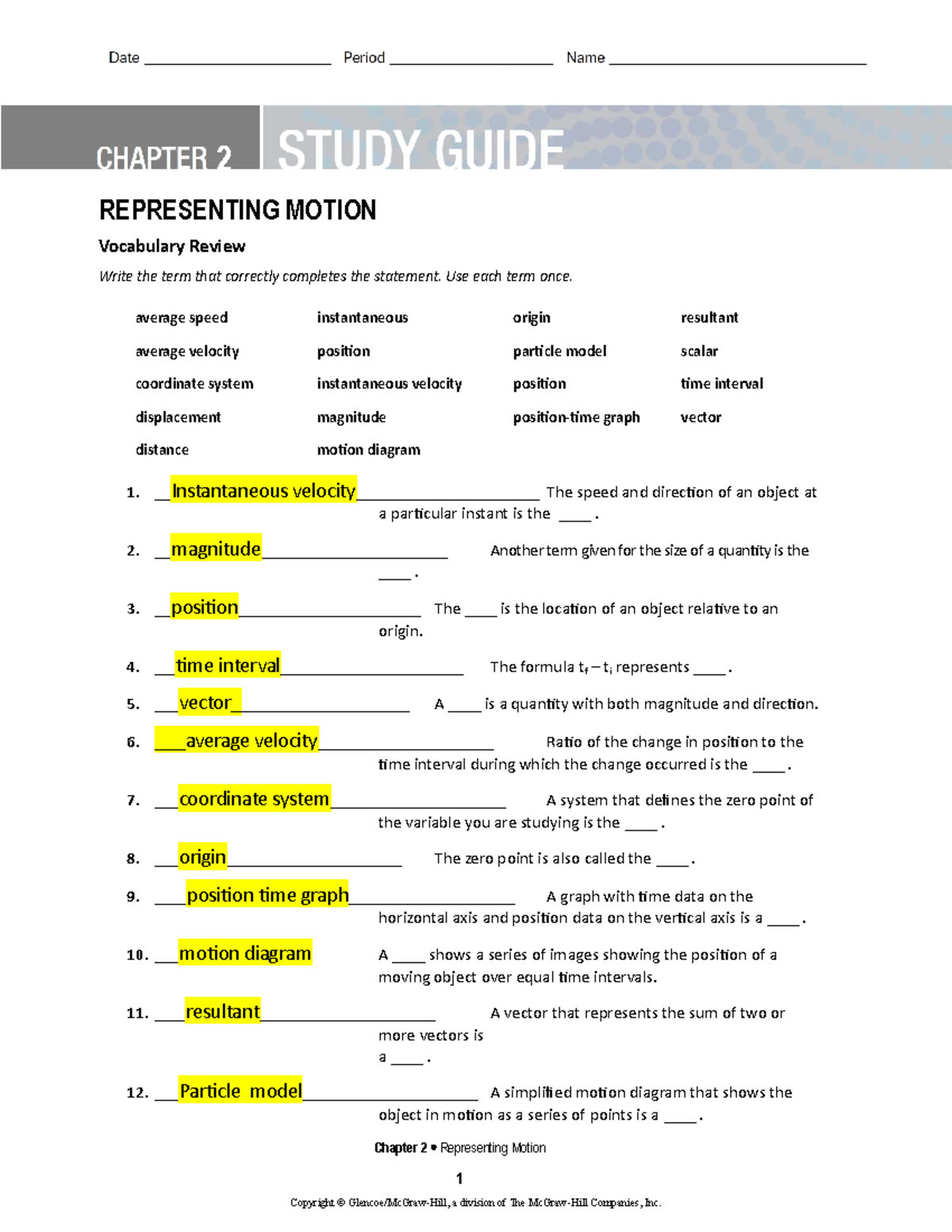 Physics hx - they are right - REPRESENTING MOTION Vocabulary Review ...