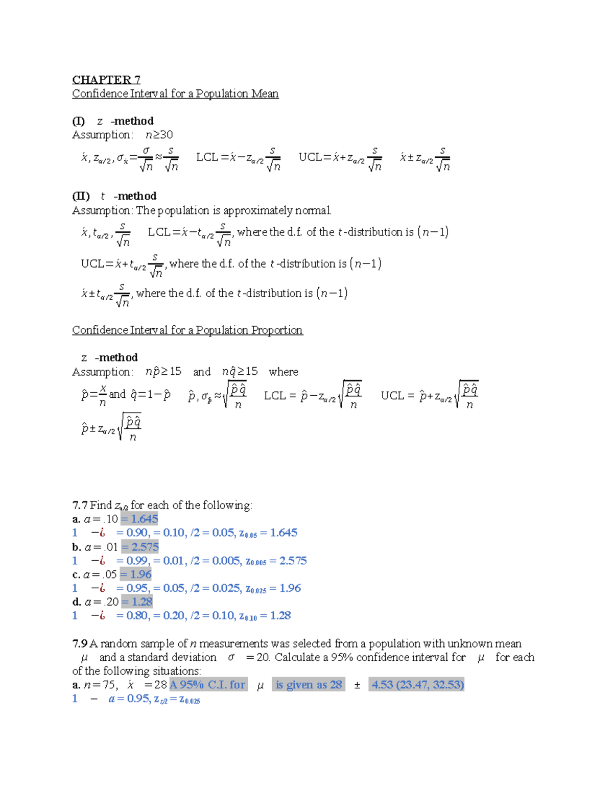 Chapter 7 - CHAPTER 7 Confidence Interval for a Population Mean (I) z ...