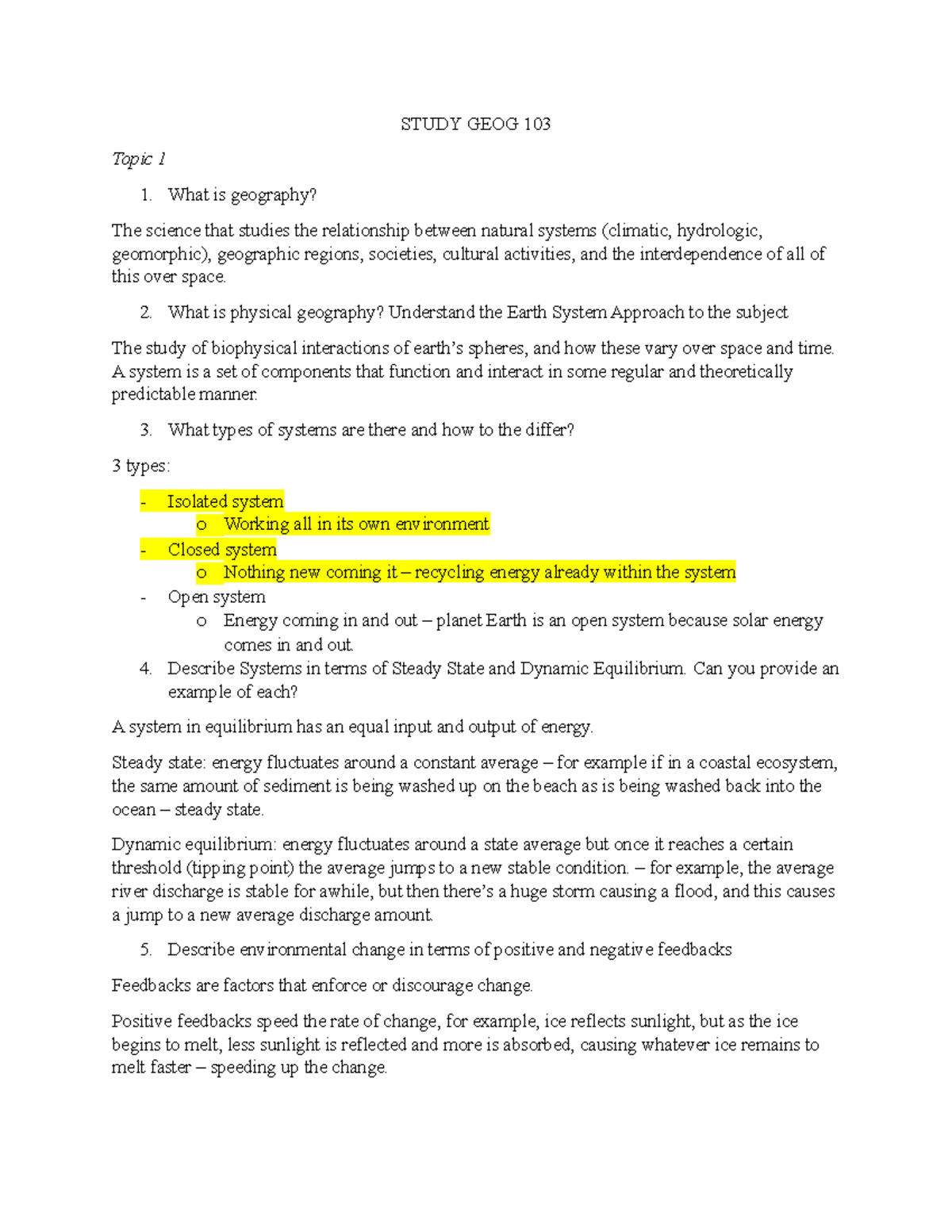 Study guide filled out up to midterm - STUDY GEOG 103 Topic 1 What is ...