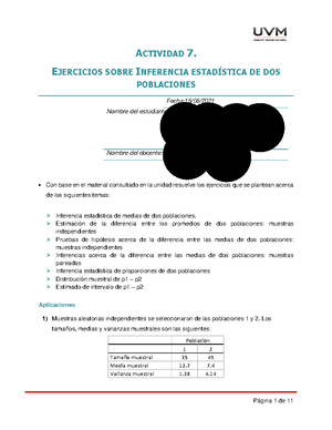 A3 Estadistica Inferencial - Nombre de trabajo: Actividad 3. Ejercicios Materia: Estadística ...