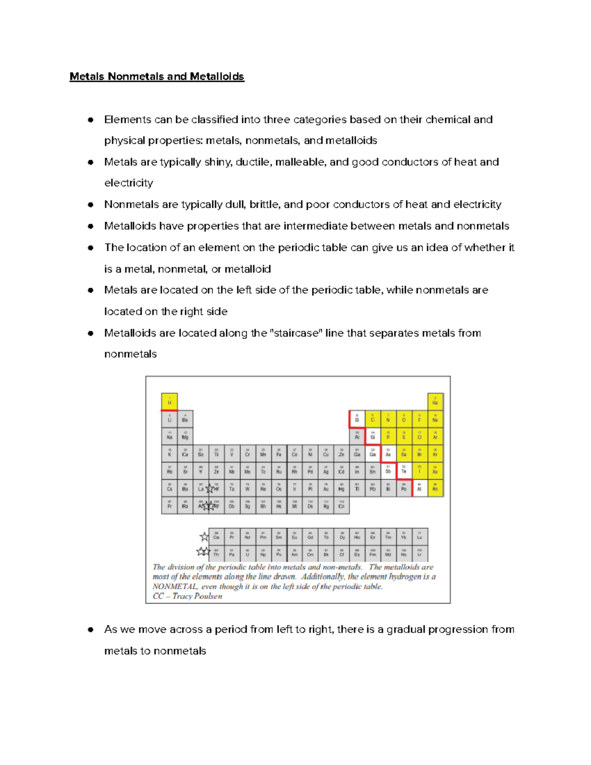 Metals Nonmetals and Metalloids: Classification and Properties - Studocu
