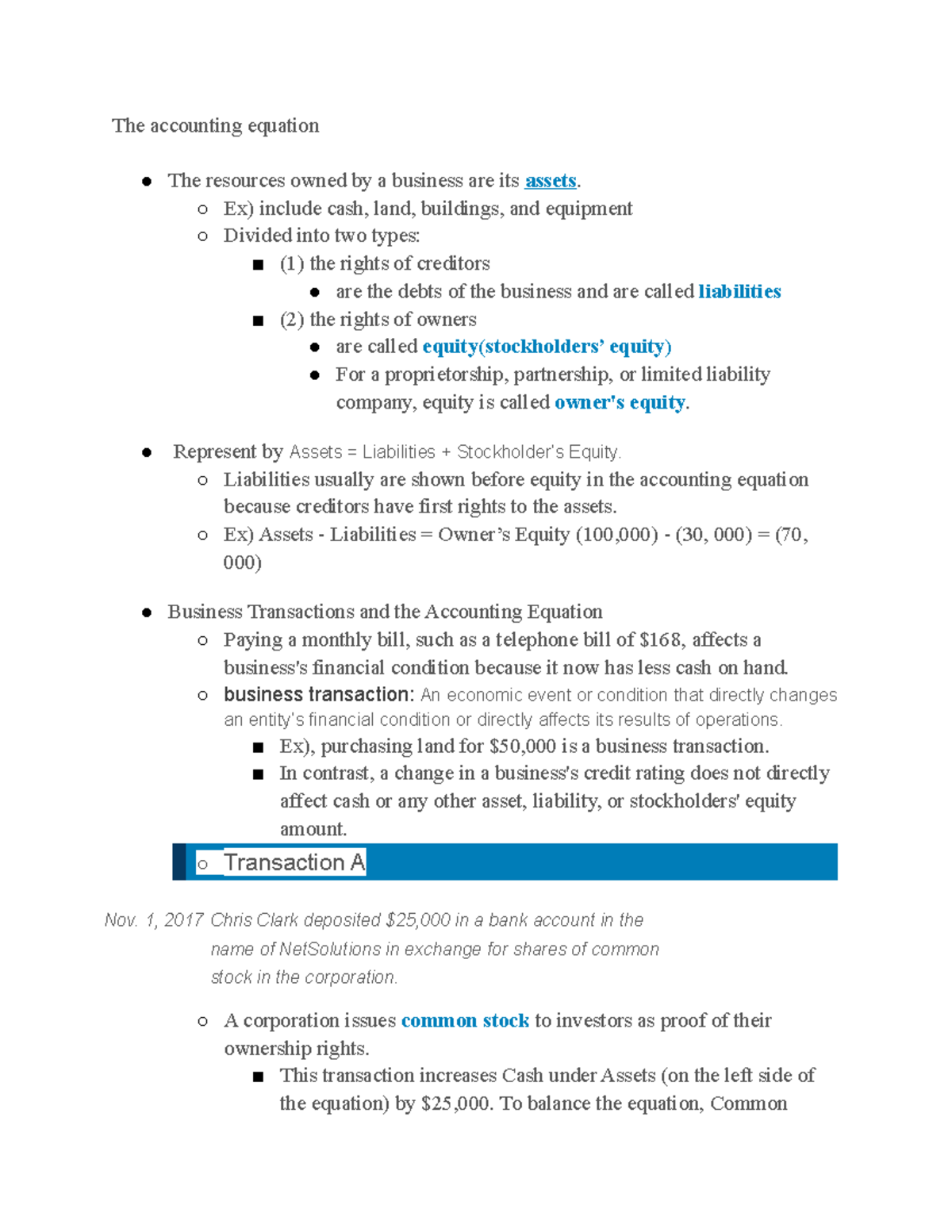 Accounting 2401 Chapter 1 Notes - The accounting equation The resources ...