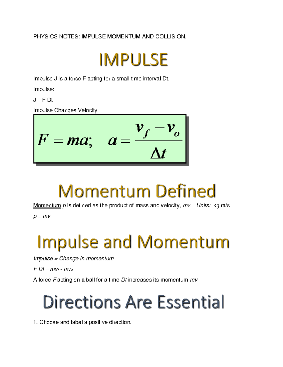 Physics Notes Impulse, Momentum and Collision - PHYSICS NOTES: IMPULSE ...