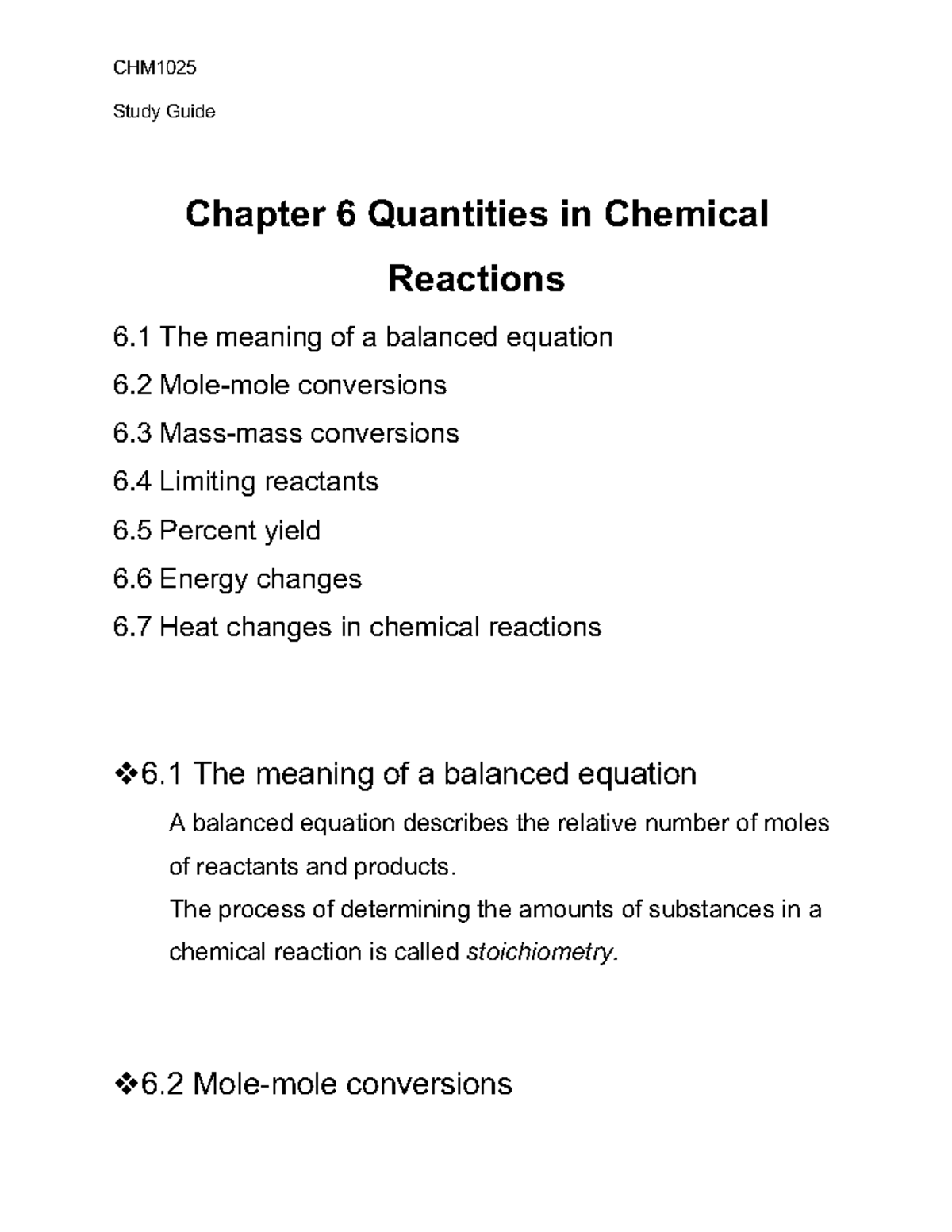 Ch.6 Study Guide - StudyGuide Chapter6QuantitiesinChemical Reactions ...