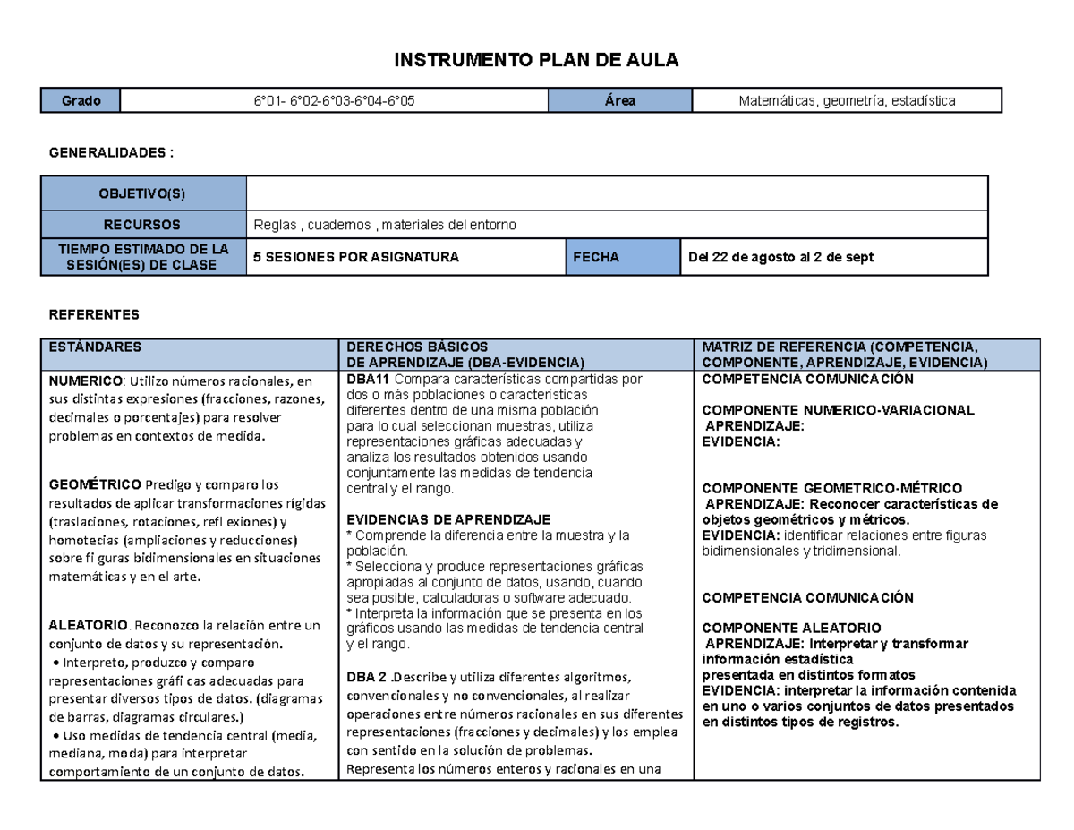 Plan de aula del 21 agosto al 1 de septiembre sexto - INSTRUMENTO PLAN ...