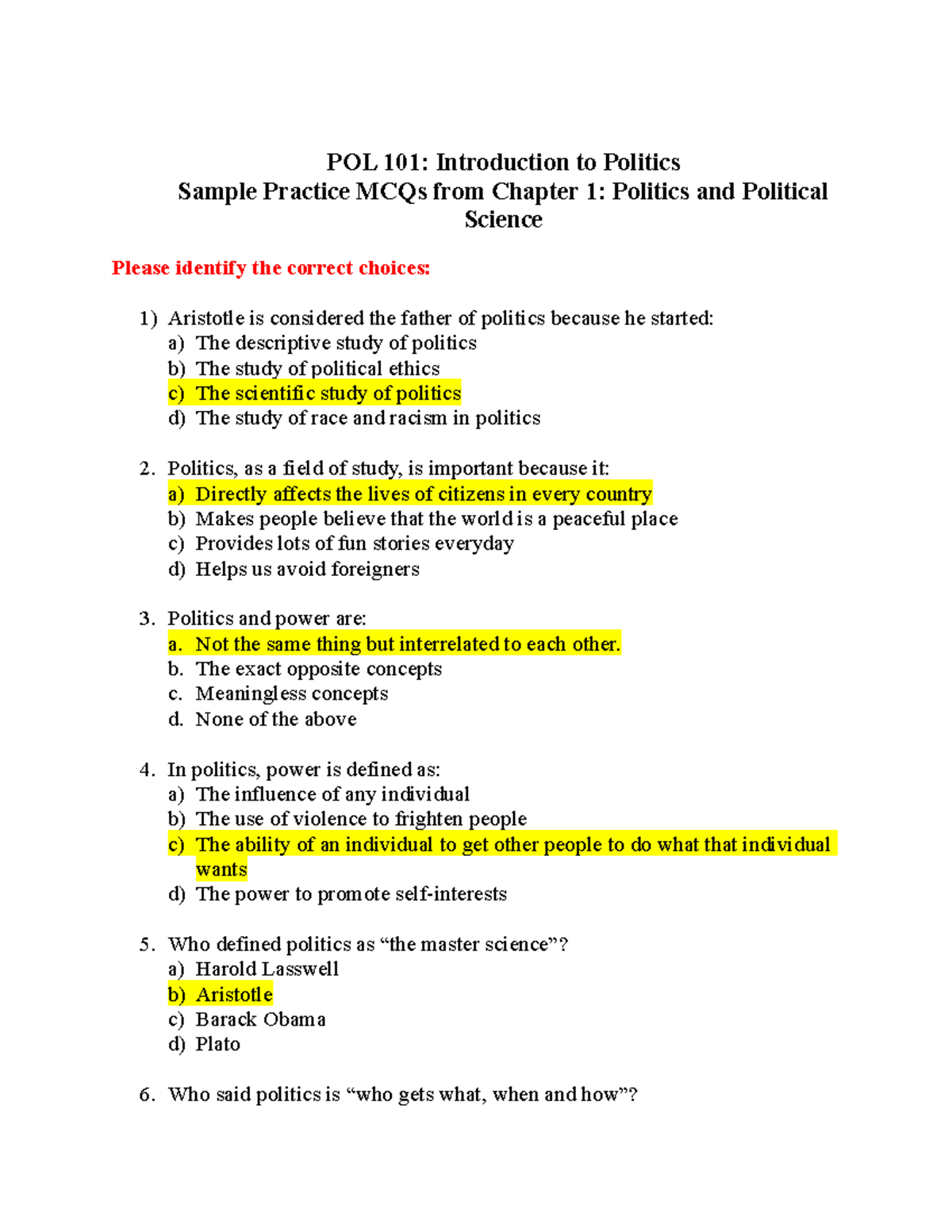 POL 101 Chapter 1 Practice Sample MCQs (2) (2) - POL 101: Introduction ...