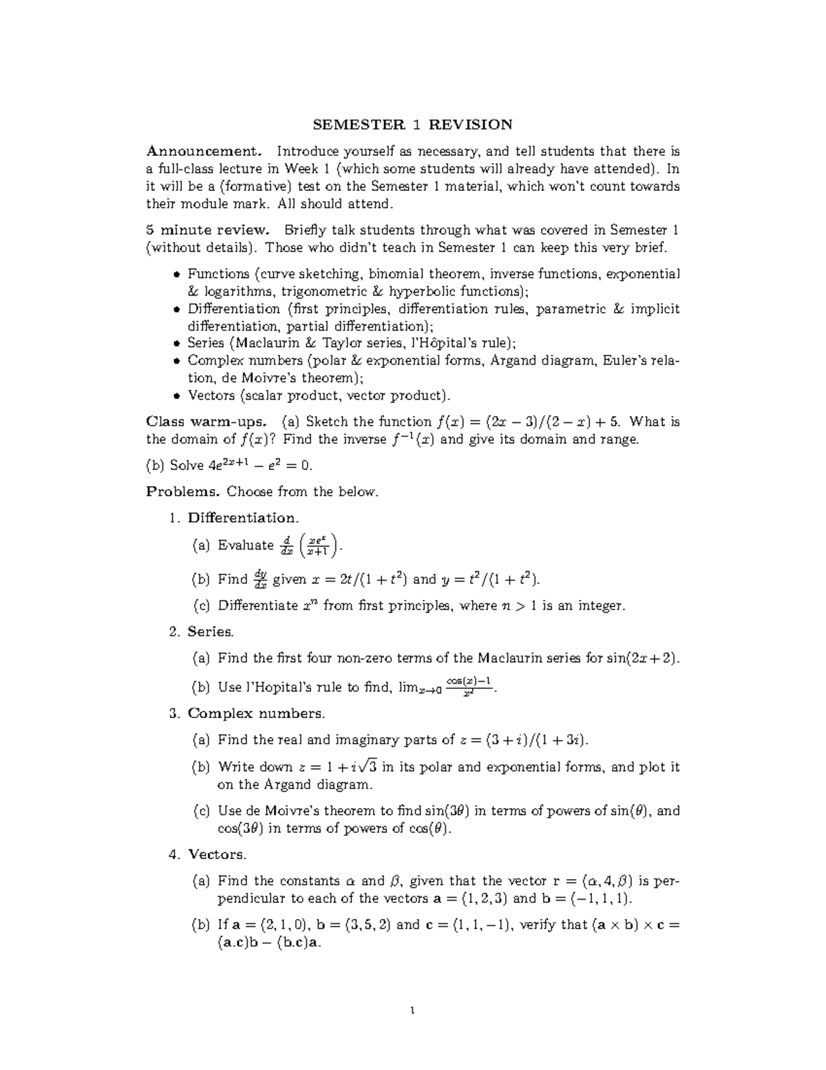 Semester 1 Revision with Answers Functions Differentiation Series ...