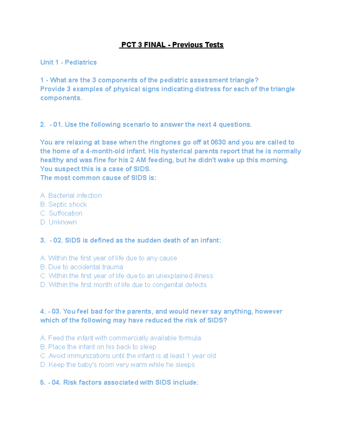 PCT 3 Final Review - PCT 3 FINAL - Previous Tests Unit 1 - Pediatrics 1 ...