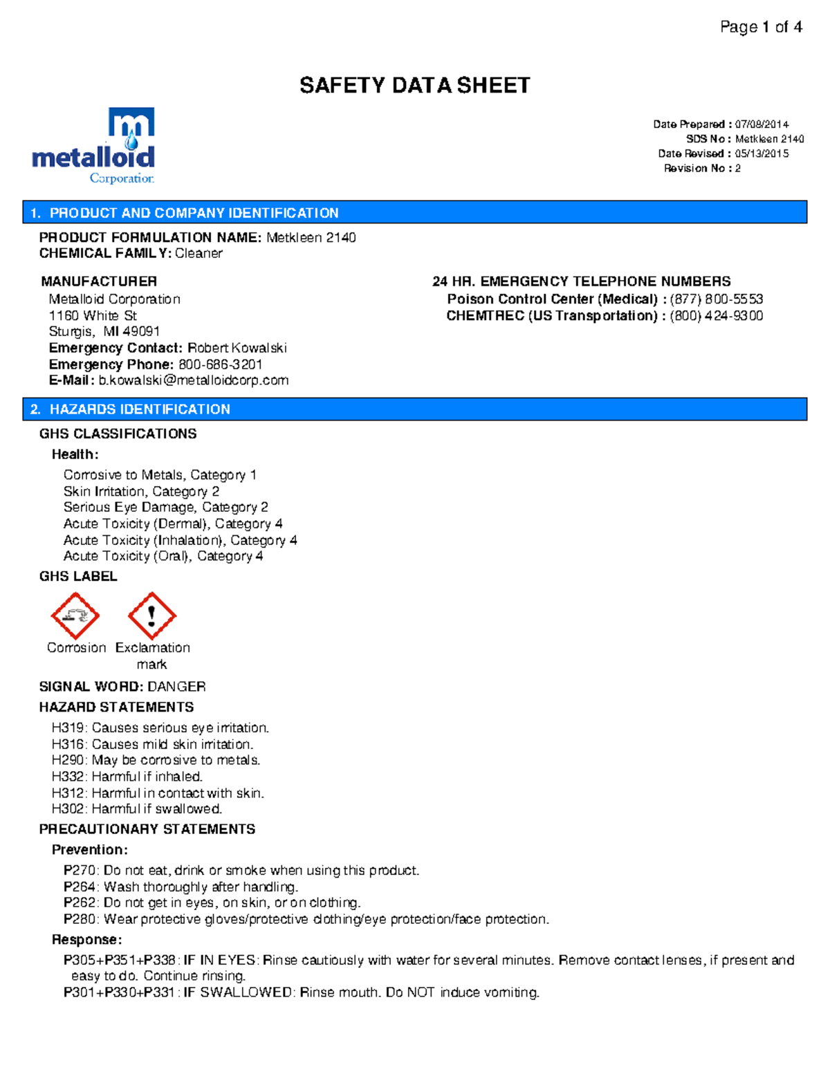 Metkleen-2140 - SAFETY DATA SHEET Date Prepared : 07/08/ SDS No ...