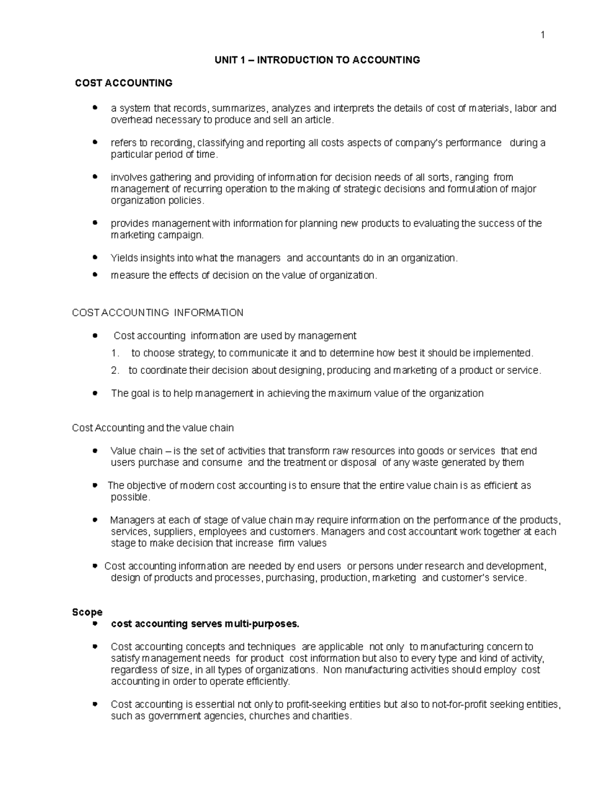 I Introduction to Cost Accounting - UNIT 1 – INTRODUCTION TO ACCOUNTING ...