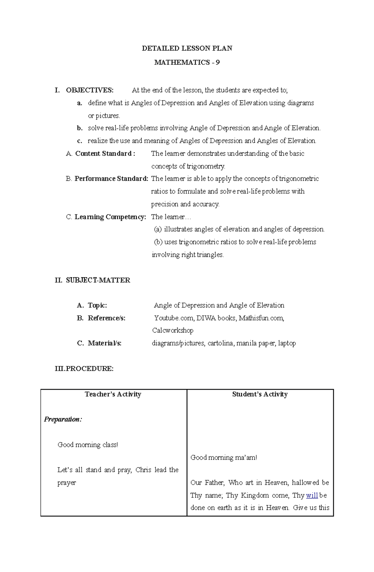 Amgle of Depression and Angle of Elevation 2 - DETAILED LESSON PLAN ...