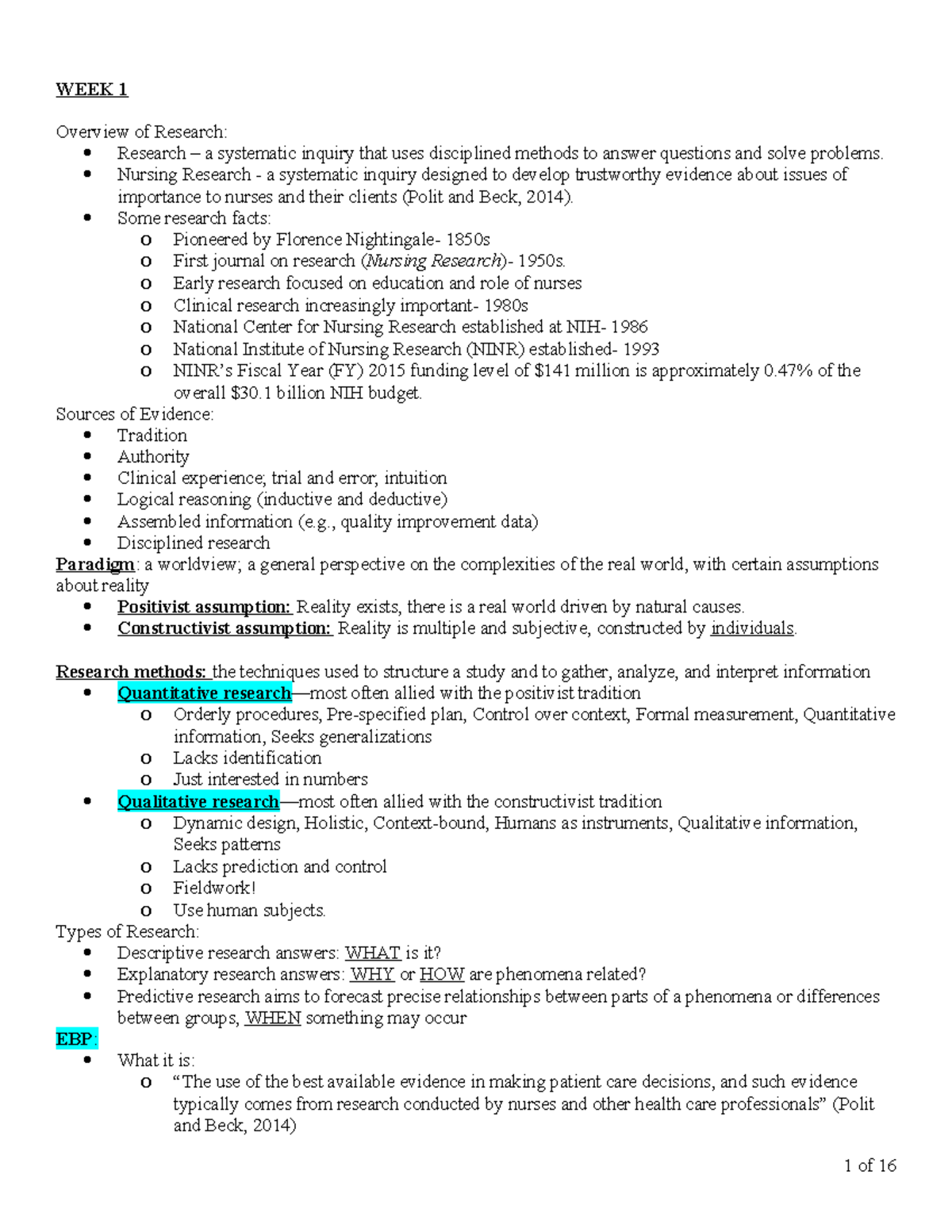 Research Exam 1 Study Guide - WEEK 1 Overview of Research: · Research ...