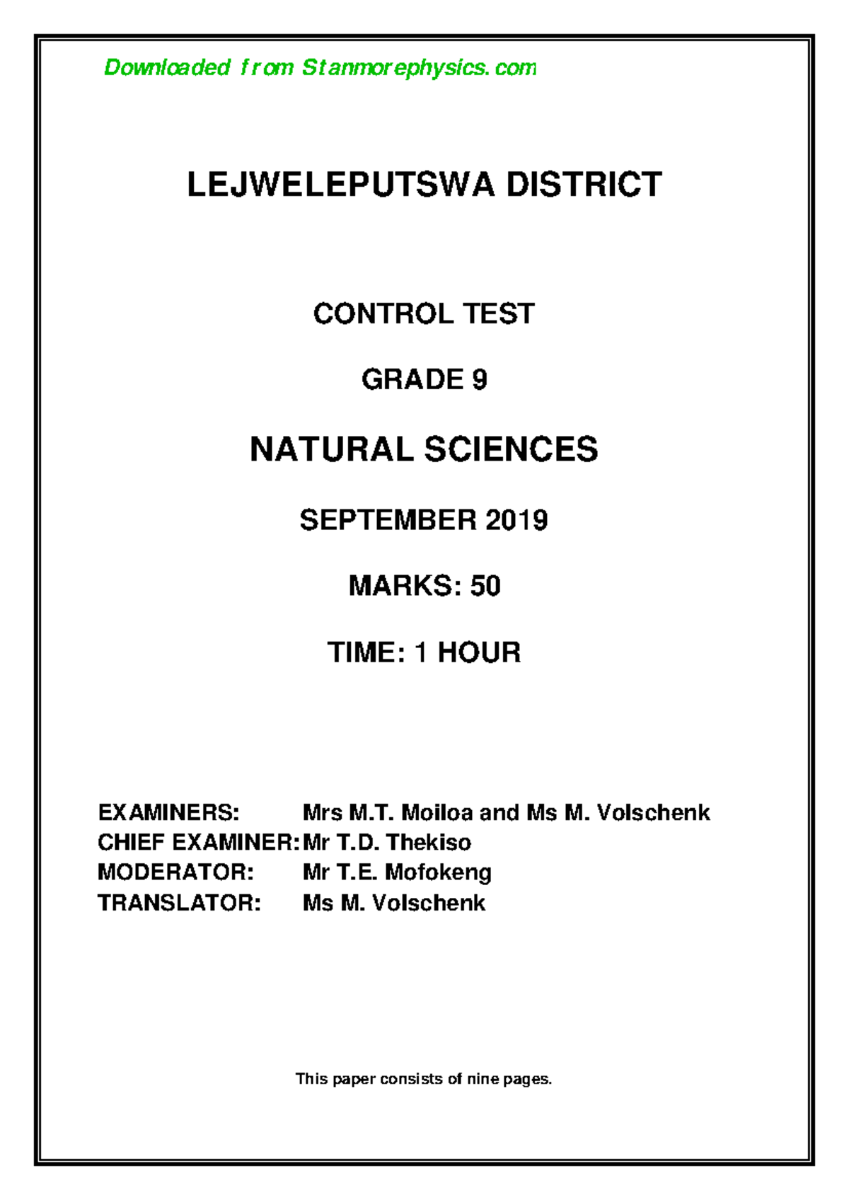 NS Grade 9 Sept 2019 - Study - LEJWELEPUTSWA DISTRICT CONTROL TEST ...