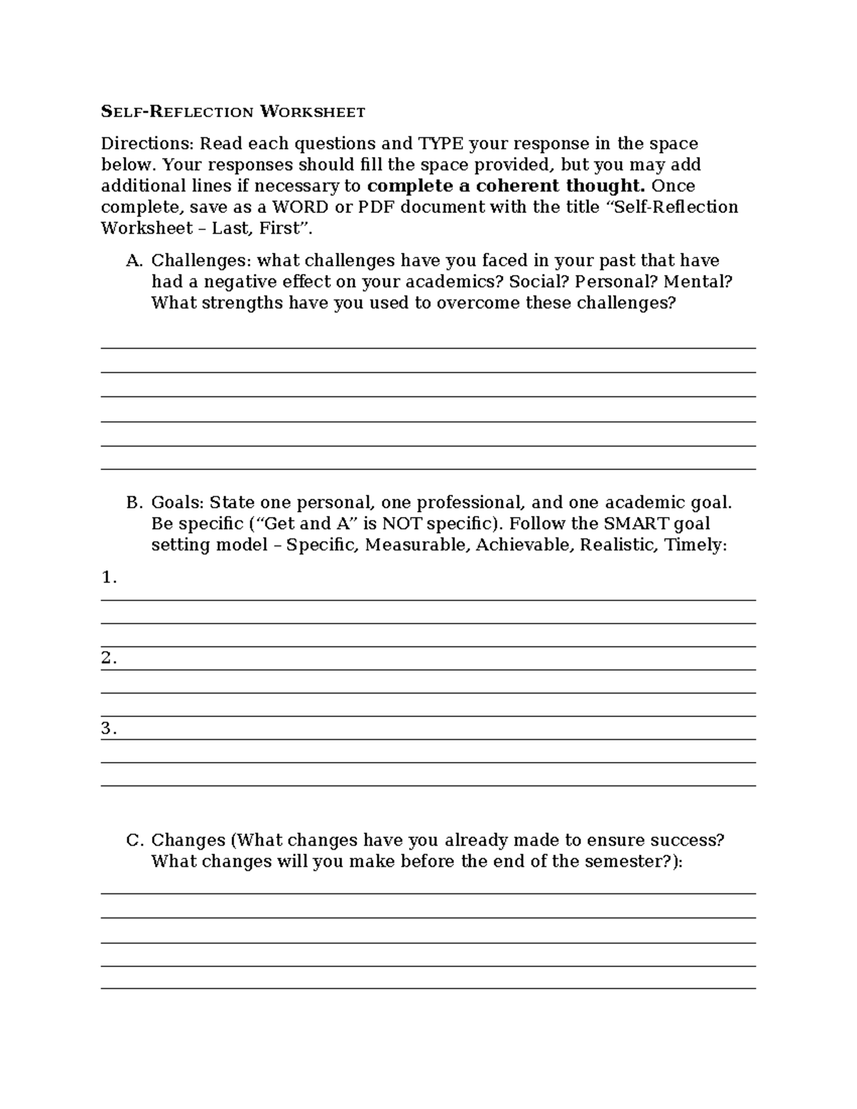 Self-Reflection Worksheet - SELF-REFLECTION WORKSHEET Directions: Read ...