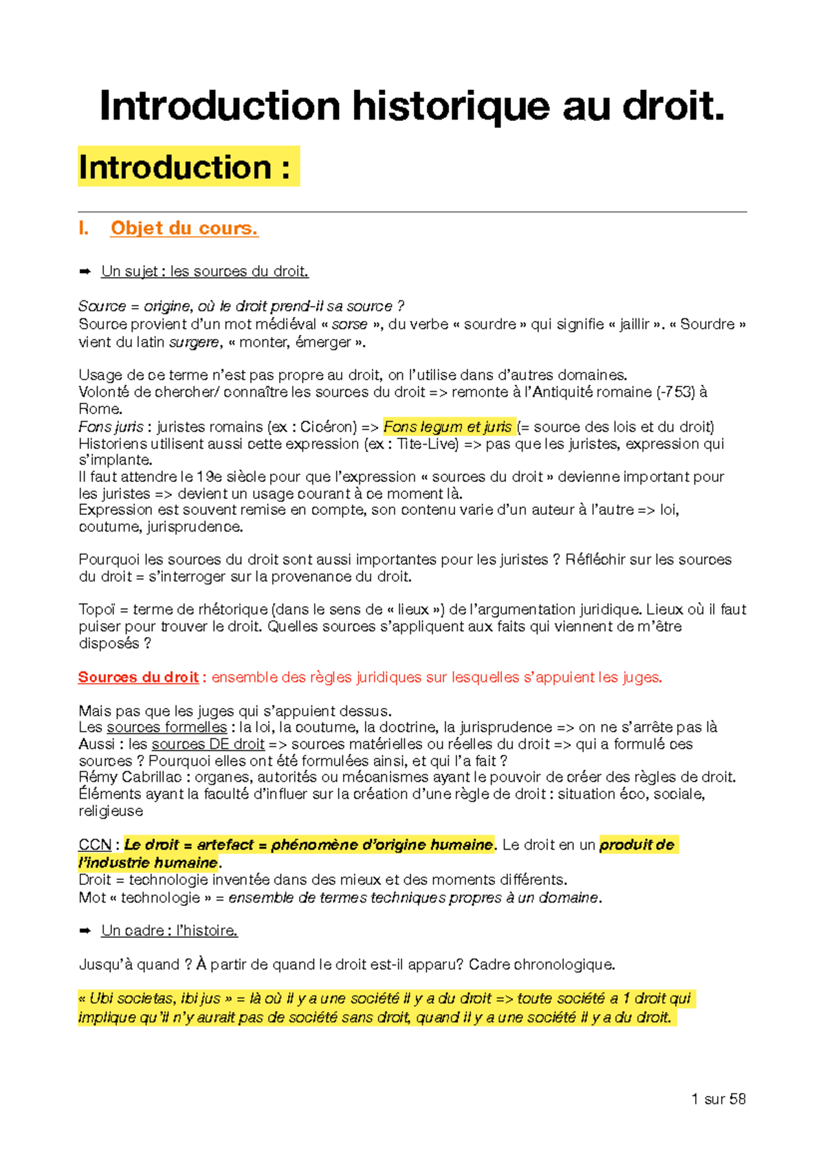 CM histoire du droit L1 - Introduction historique au droit. Introduction : I. Objet du cours. Un ...