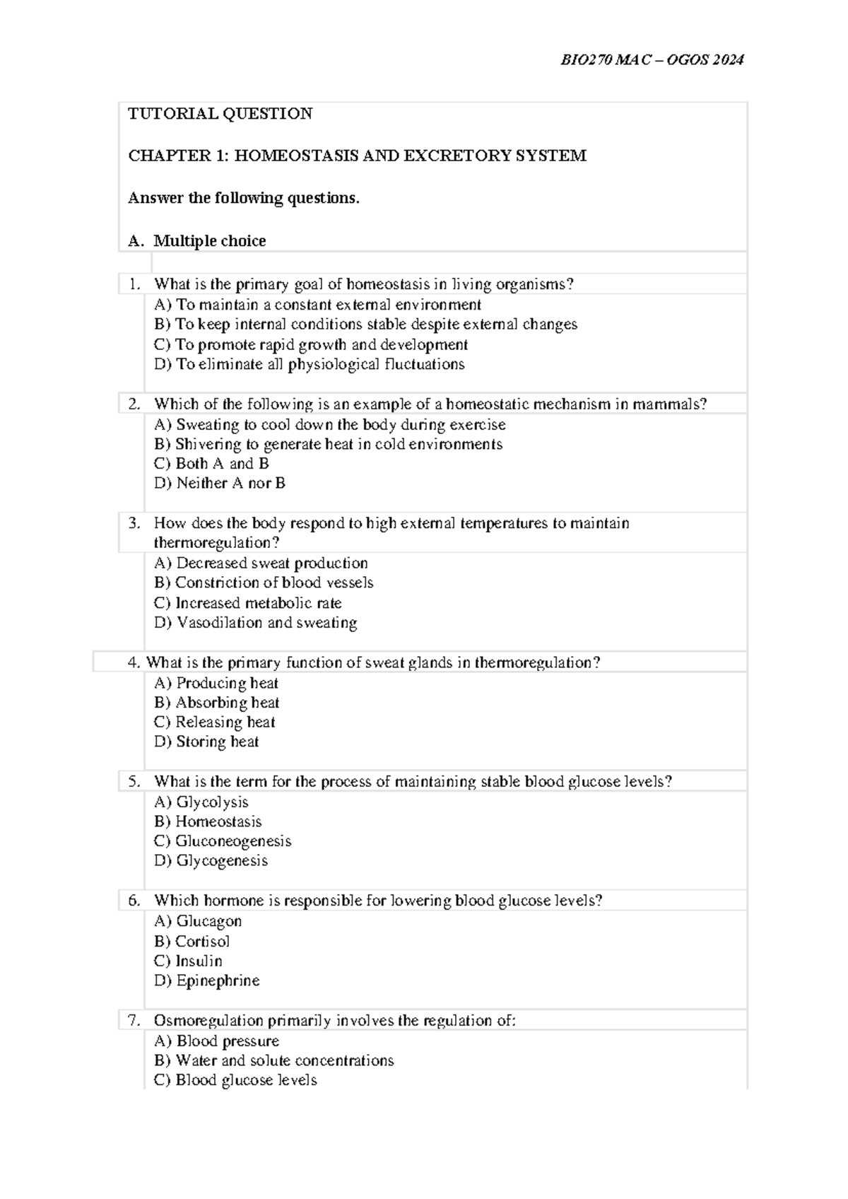 Question Tutorial 1 Homeostasis AND Excretory System - BIO270 MAC ...