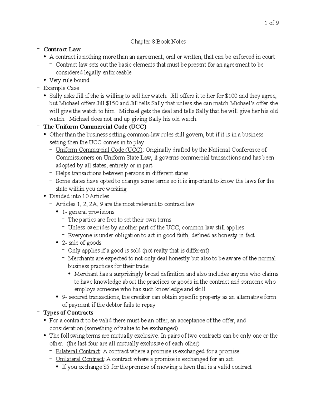 Chapter 8 Book Notes - 1! of !9 Chapter 8 Book Notes Contract Law A ...
