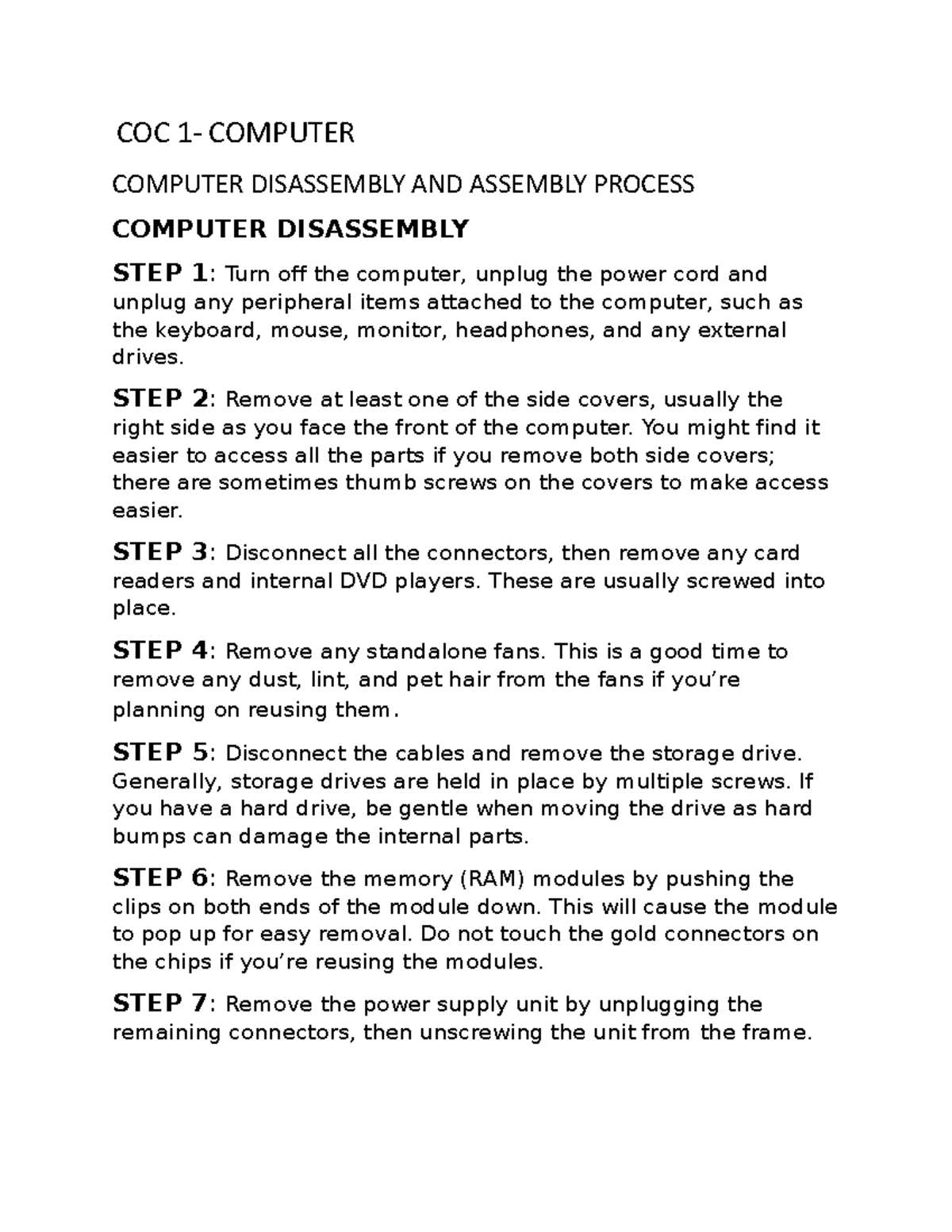 COC 1-4(Computer)- Leila Nicole A. Mendoza - COC 1- COMPUTER COMPUTER DISASSEMBLY AND ASSEMBLY ...