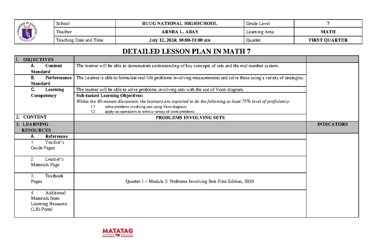 Lesson Armia Abas - School BUUG NATIONAL HIGHSCHOOL Grade Level 7 ...