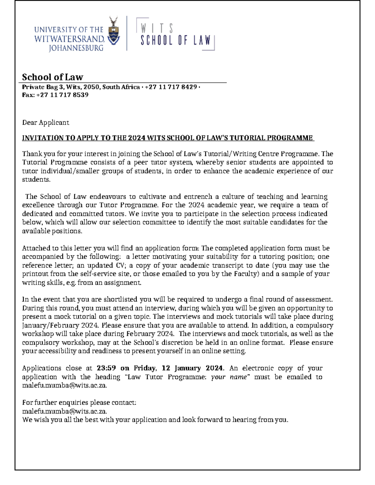 Tutor Application Form - School of Law ####### Private Bag 3, Wits ...