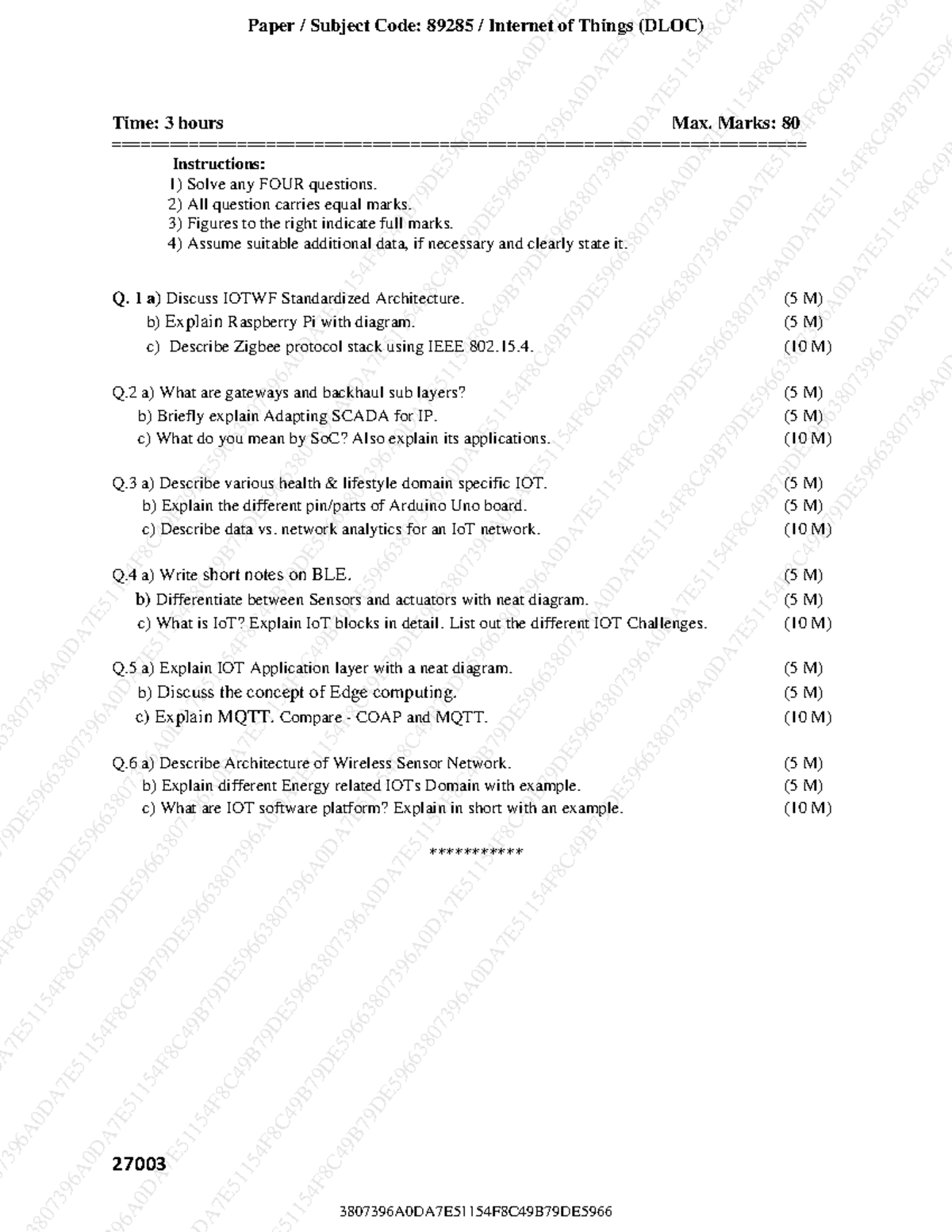 TE COMP SEM6 IOT MAY23 - Previous year question paper - 27003 Time: 3 hours Max. Marks: 80 - Studocu