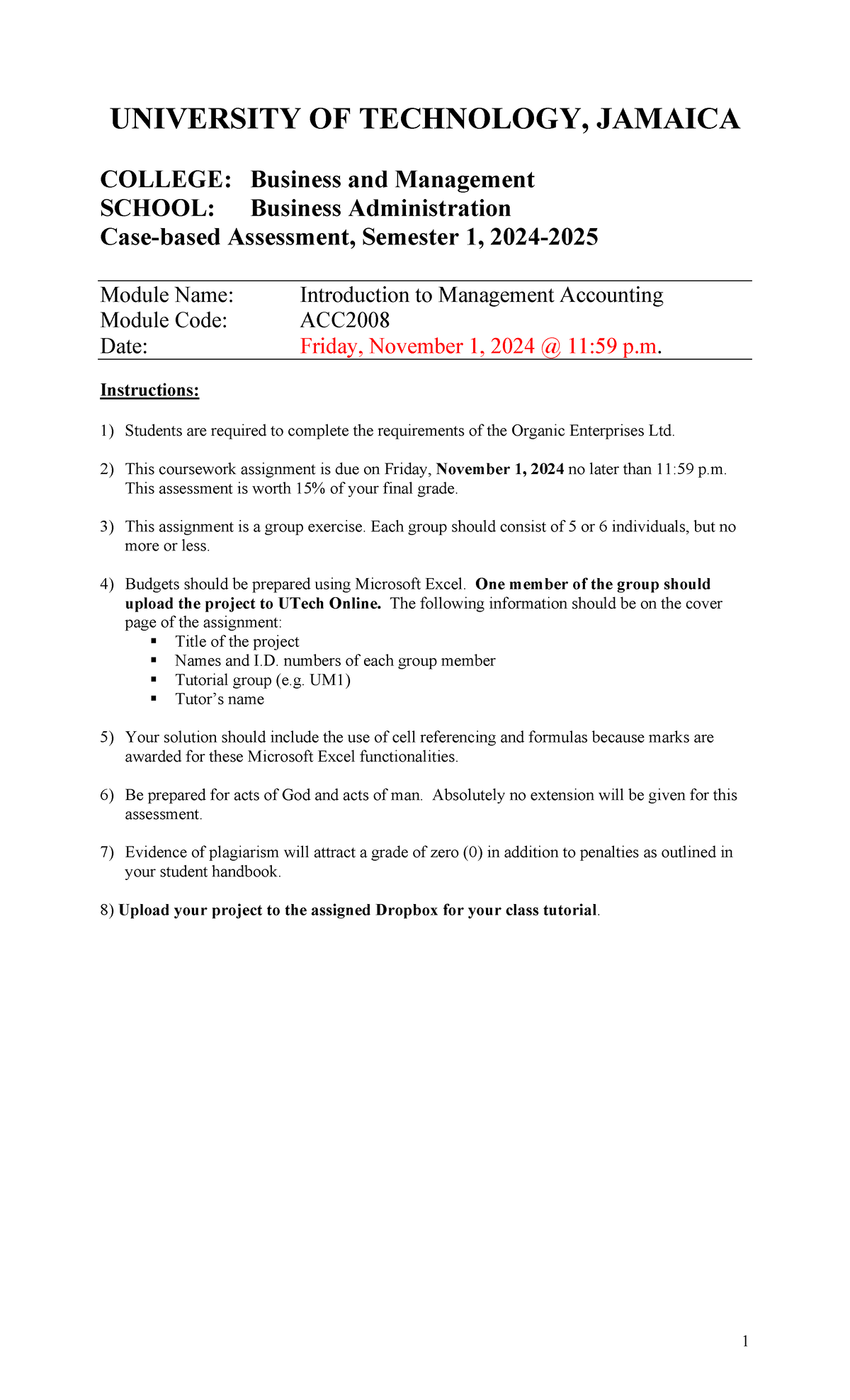 Budgeting Project Semester 1 2024-25 - UNIVERSITY OF TECHNOLOGY ...