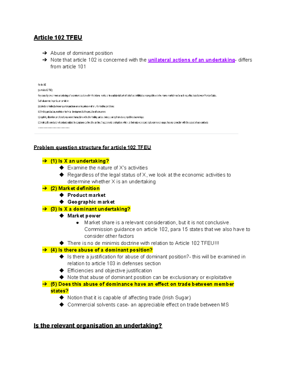 Article 102 - Article 102 TFEU Abuse of dominant position Note that ...