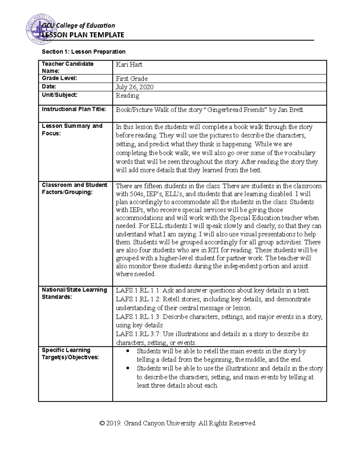 Book Walk Lesson Plan LESSON PLAN TEMPLATE Section 1 Lesson