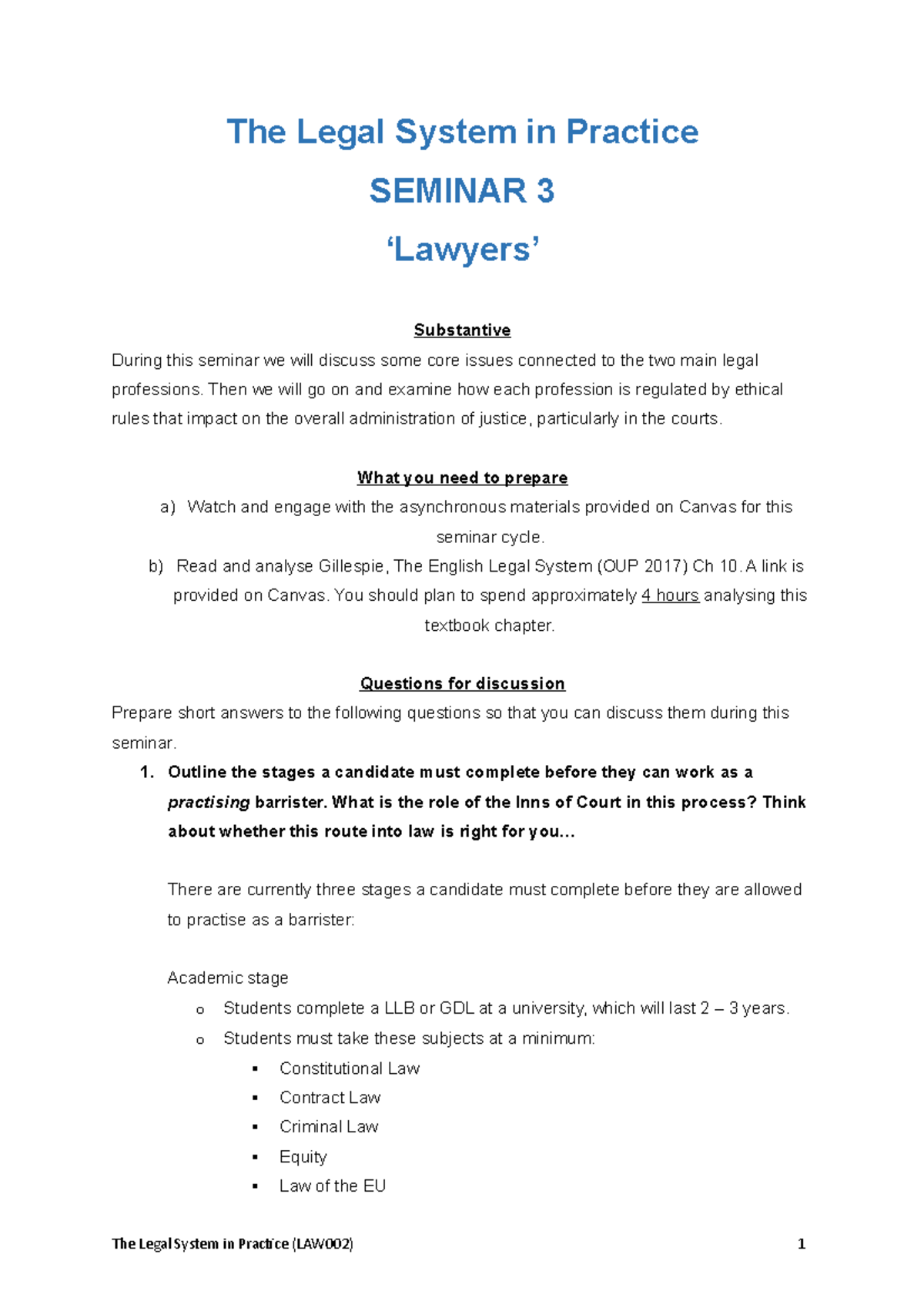 Seminar 3 handout - lawyers - The Legal System in Practice SEMINAR 3 ...