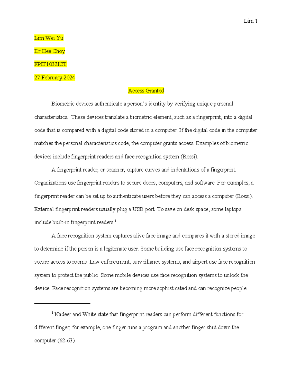 Lim Wei Yu Word Chapter 2 - Lim 1 Lim Wei Yu Dr Choy FPIT1032ICT 27 ...