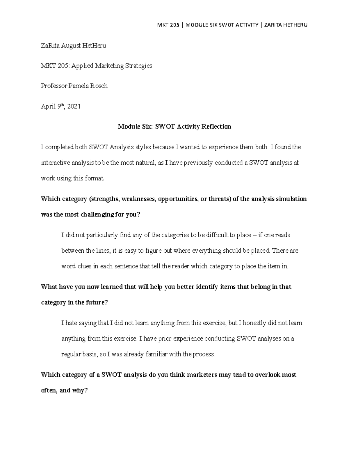 MKT 205 SWOT Analysis ZHH - MKT 205 | MODULE SIX SWOT ACTIVITY | ZARITA ...