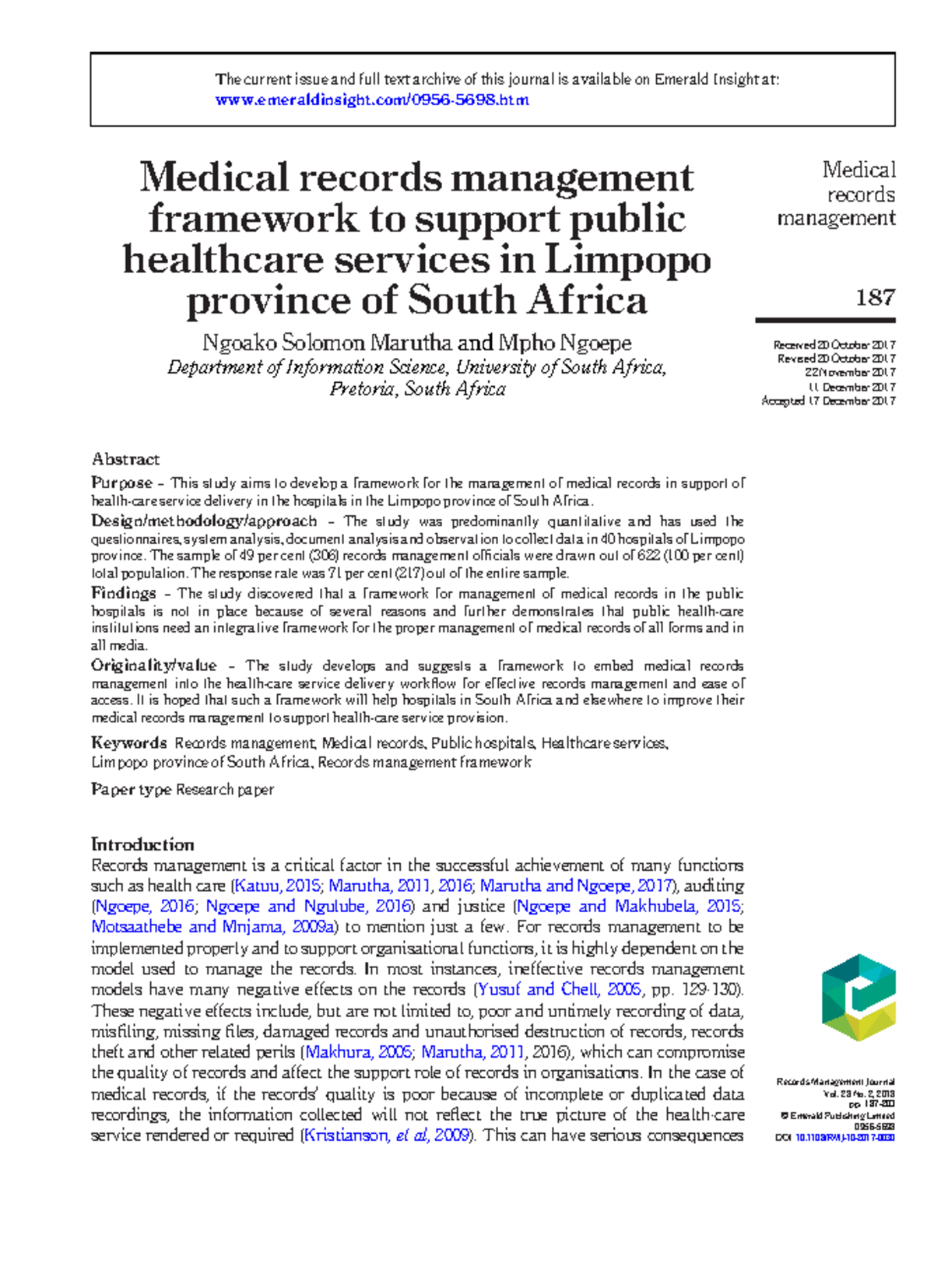 Medical Record Management on Limpopo Province in South Africa - records ...