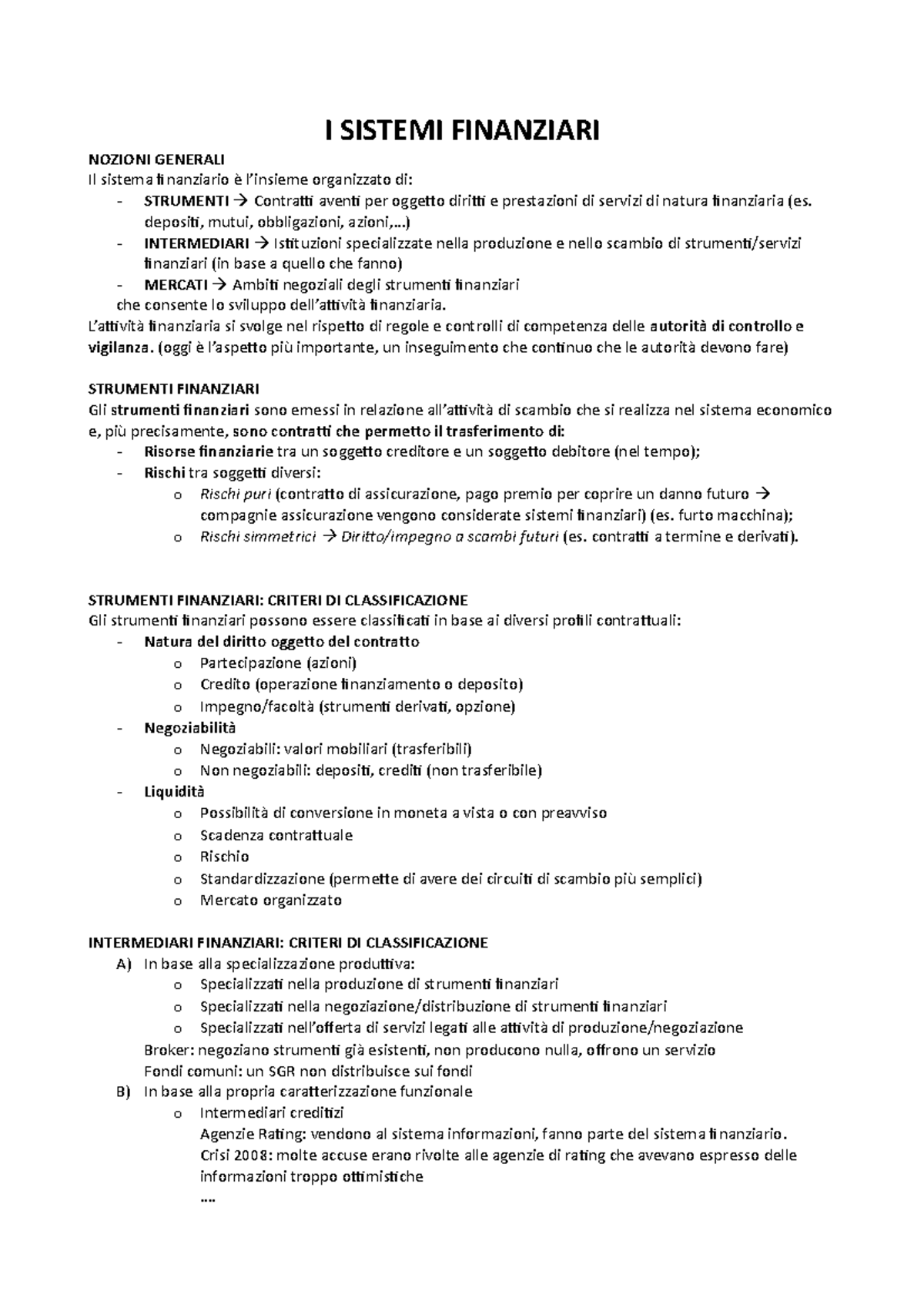 1. I Sistemi Finanziari - I SISTEMI FINANZIARI NOZIONI GENERALI Il ...