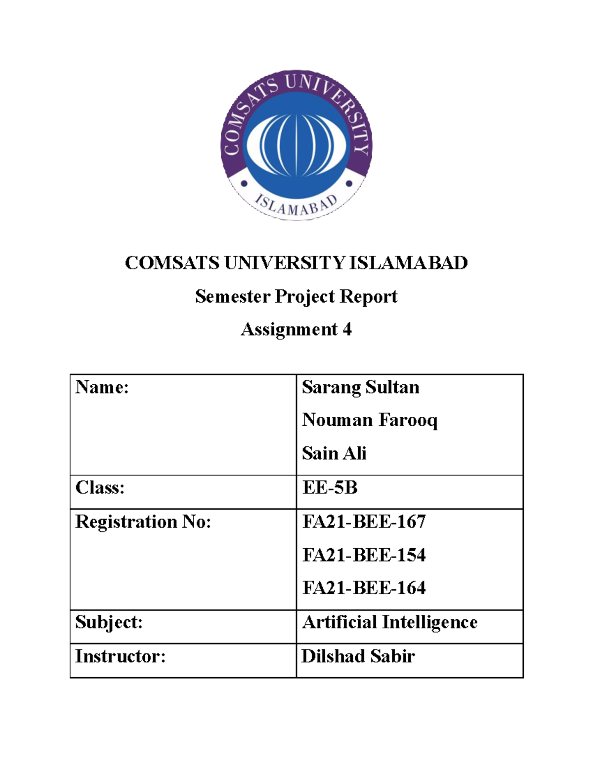 AI Project - FKLHGKHFIF - COMSATS UNIVERSITY ISLAMABAD Semester Project ...
