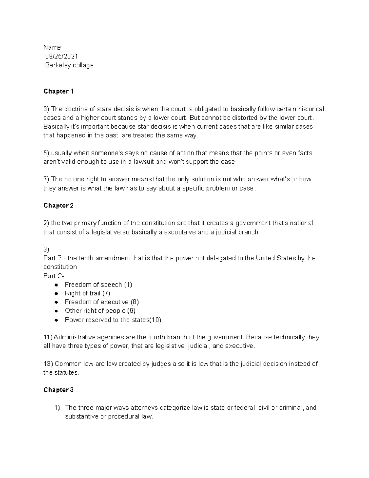 Law #4 - Law - Name 09/25/ Berkeley collage Chapter 1 The doctrine of ...