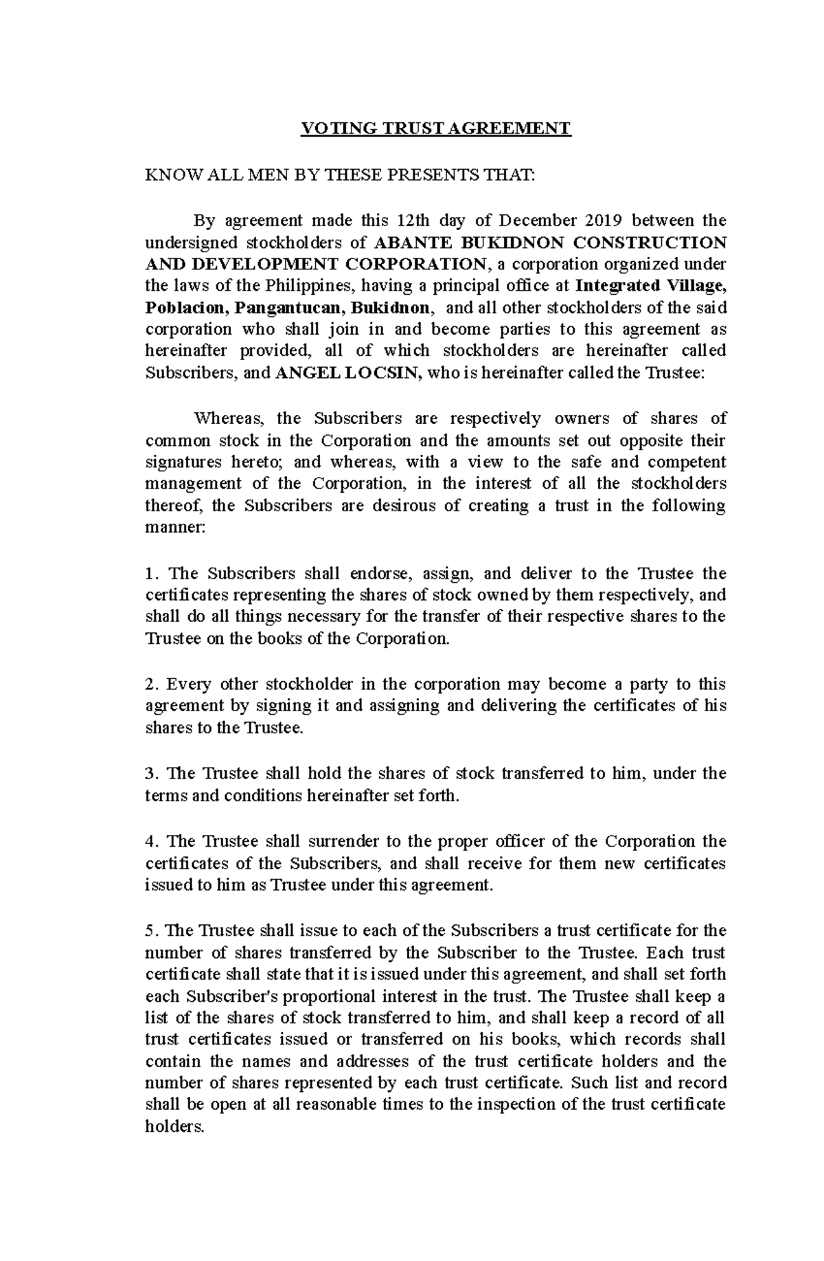 Voting Trust Agreement - VOTING TRUST AGREEMENT KNOW ALL MEN BY THESE ...