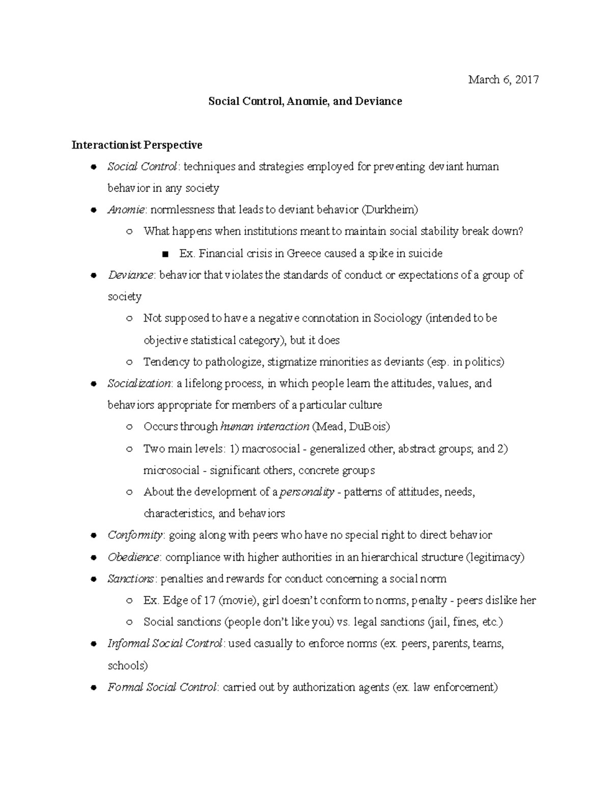 Intro to Sociology - Social Control, Anomie, and Deviance - March 6 ...