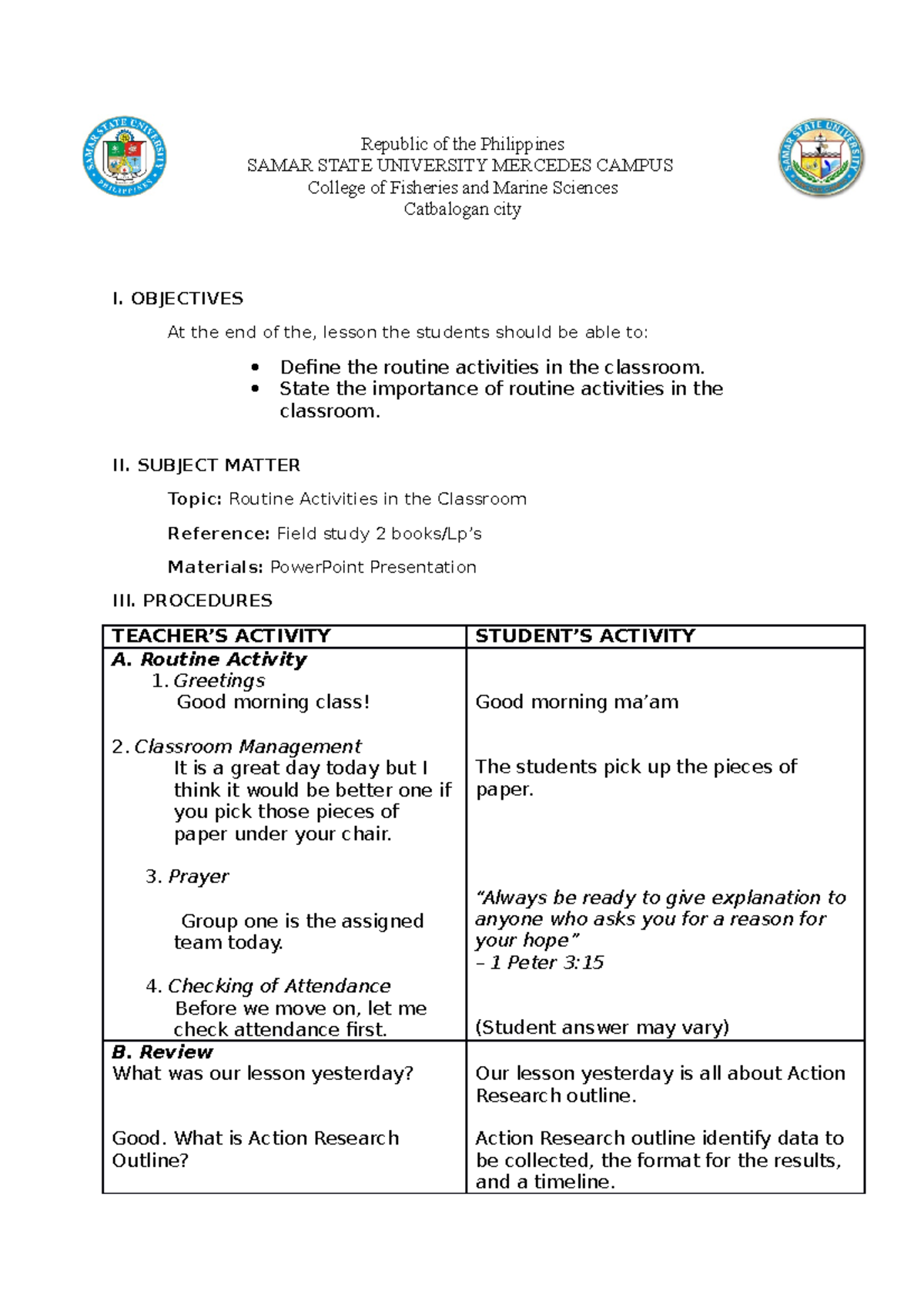 DLP LP4 Field Study 2 - It is all about lesson plan - Republic of the ...
