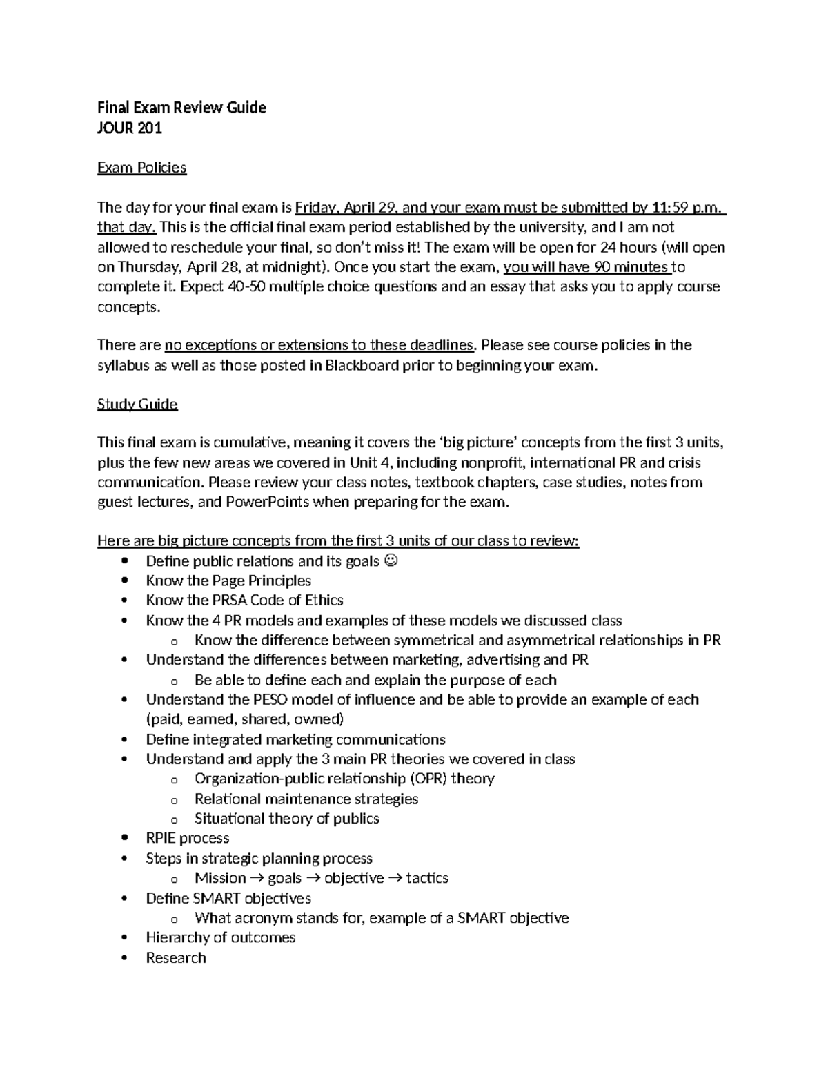 201.Final Review Guide - Final Exam Review Guide JOUR 201 Exam Policies The day for your final ...