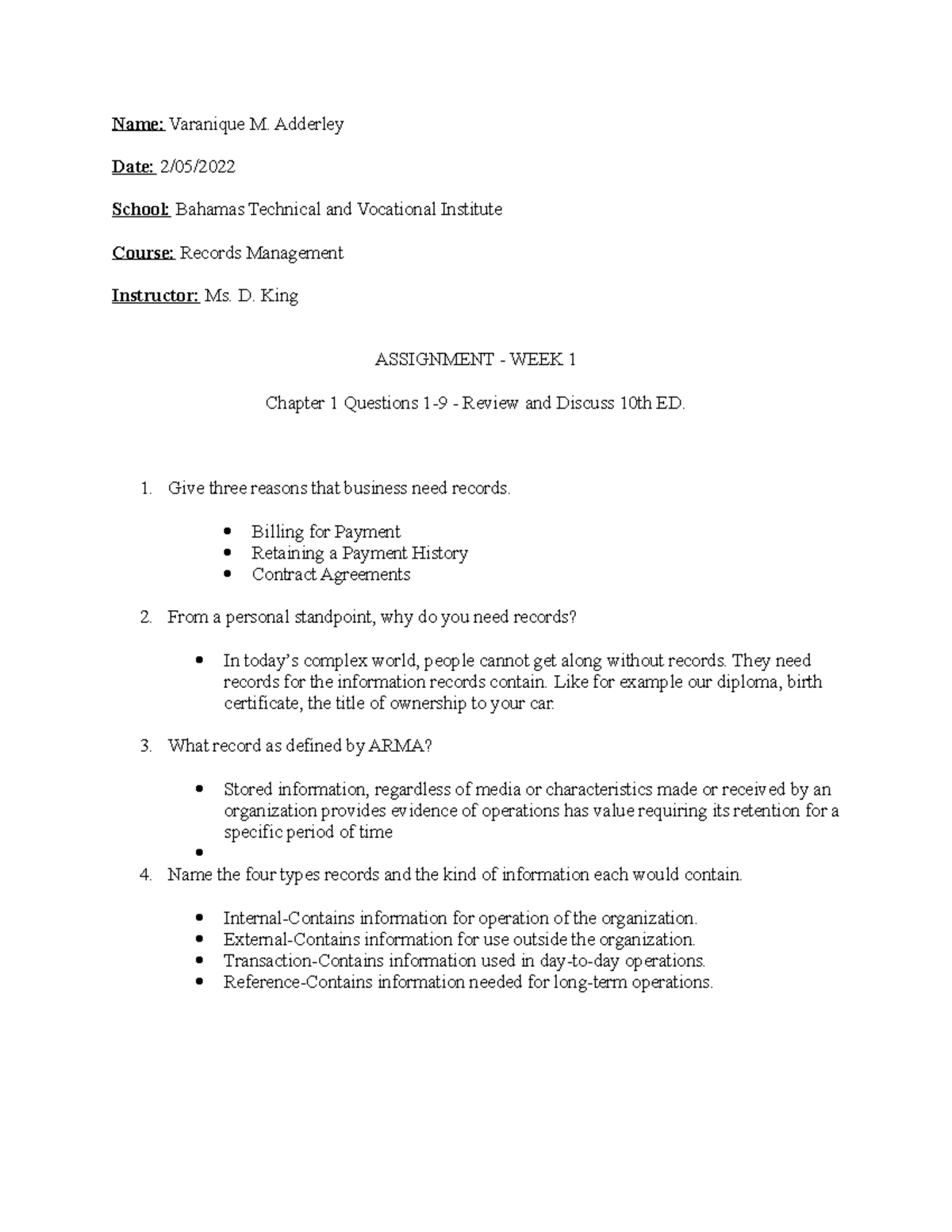 Varanique Adderley Assignment 1 Records Management - Copy - Name ...
