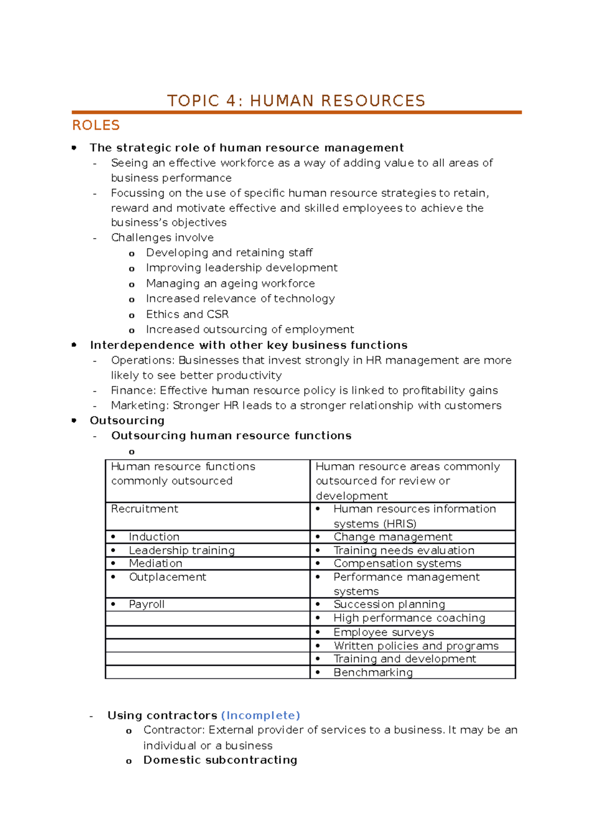 Human Resources Syllabus dot points - TOPIC 4: HUMAN RESOURCES ROLES ...